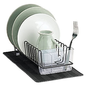 mDesign Steel Sink Dish Drying Rack/Dish Drainer Storage Organizer w/Wire Drainer, Drying Mat for Kitchen Counter, Easy Drain/Dry Dishes, Plate, Utensil, Concerto Collection, Set of 2 - Black/Dk Gray
