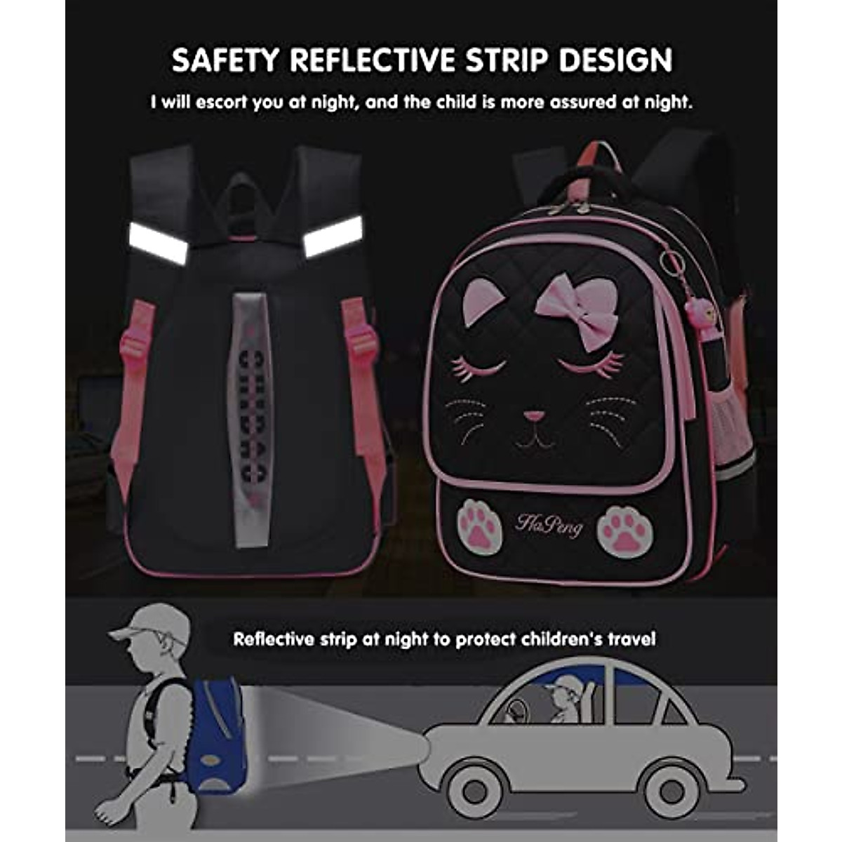 MCWTH Cat Face School Backpack for Teen Girls, Cute Kids Elementar BookBag Daypack (Black)