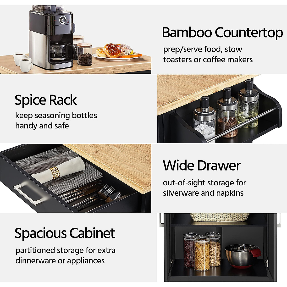 Topeakmart Kitchen Island On Wheels with Storage Cabinet and Drawer, Kitchen Trolley Cart with Spice Rack and Towel Bar for Dining Room, 26x18x36 Inches, Black