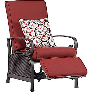 Hanover Madrid Outdoor Patio Recliner, Adjustable Chair, All-Weather Hand-Woven Wicker, Aluminum Frames, Thick Cushions-MADRIDREC-NVY, 1 Piece, Red