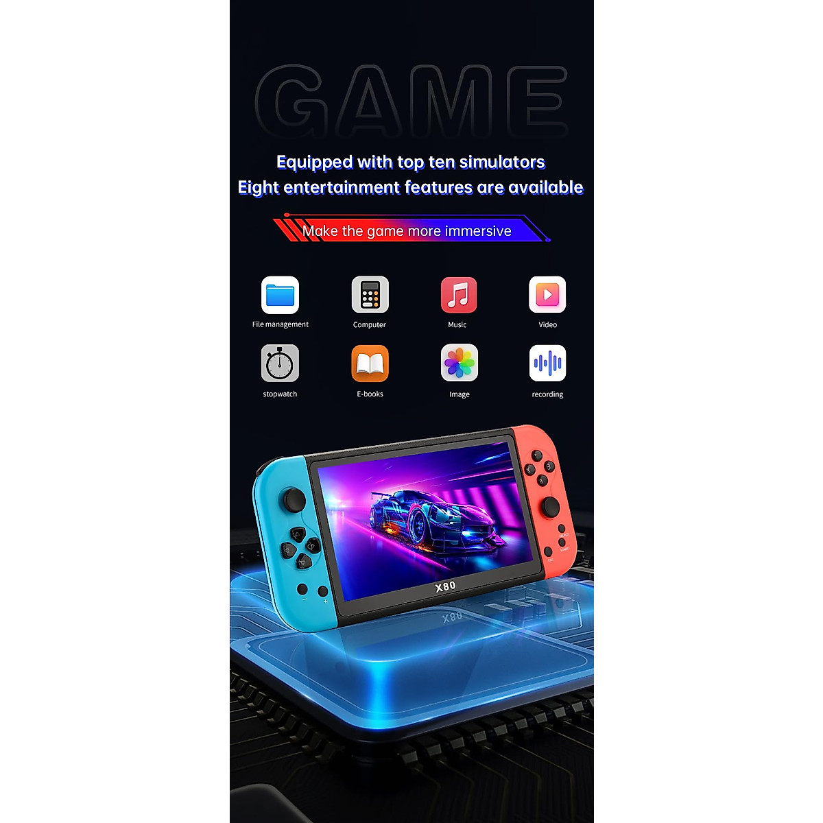 New X80 bluered Handheld Game Console 16gb Build in Many Games 7 inch HD Output Retro Game Cheap Children's Gifts Support TV Playing Games Gameboy Birthday Gift for Kids Adults
