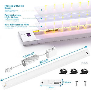 WOBANE Under Cabinet Lighting, 24 inch Plug in LED Counter Light Bar, Hand Wave Activated, Touchless Dimmable for Kitchen Cabinet, Shelf, Under Desk, Color Tunable 2700K to 6500K,White Panel,1400LM