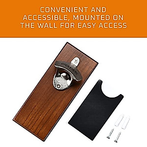 Bruntmor Wall Mount Bottle Opener - 7.87" x 2.75" x 0.55" Portable Mountable Beer Opener - Wooden Magnetic Beer Cap Catcher - Auto-Catch Cap Function & Space-Saver - Vintage Beer Caddy for Men & Dad