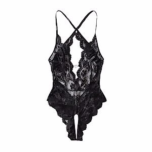 SOLY HUX Lingerie for Women Floral Lace Scallop Trim Teddy Lingerie Bodysuit Babydoll Plain Black L