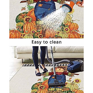 Outdoor Area Rug for Patio,Scarecrow Pumpkin Autumn Thanksgiving Camping Rugs Indoor Large Floor Mat 4x6ft,Farmhouse Black Plaid Linen Outside Carpet for Deck RV Picnic Porch Backyard Bedroom