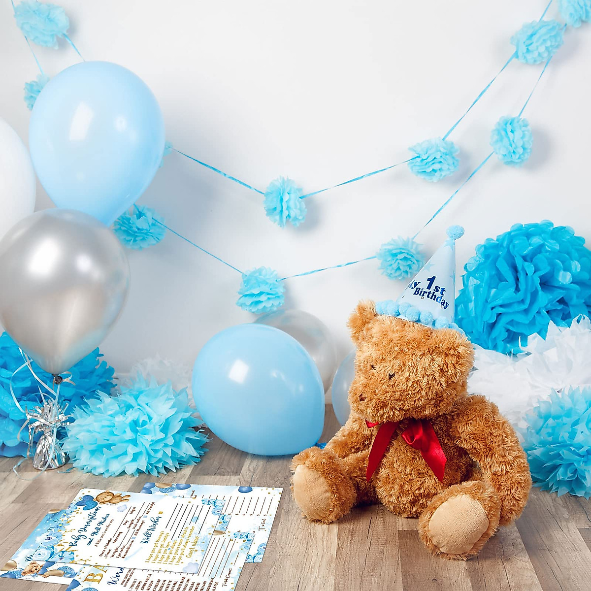 125 Pcs Bear Baby Shower Games for Boy Girl 5 Game Activities Bear Cards with 20 Pencils Includes Baby Bingo Guess Who Baby Price is Right Description Word Scramble Game(Blue)