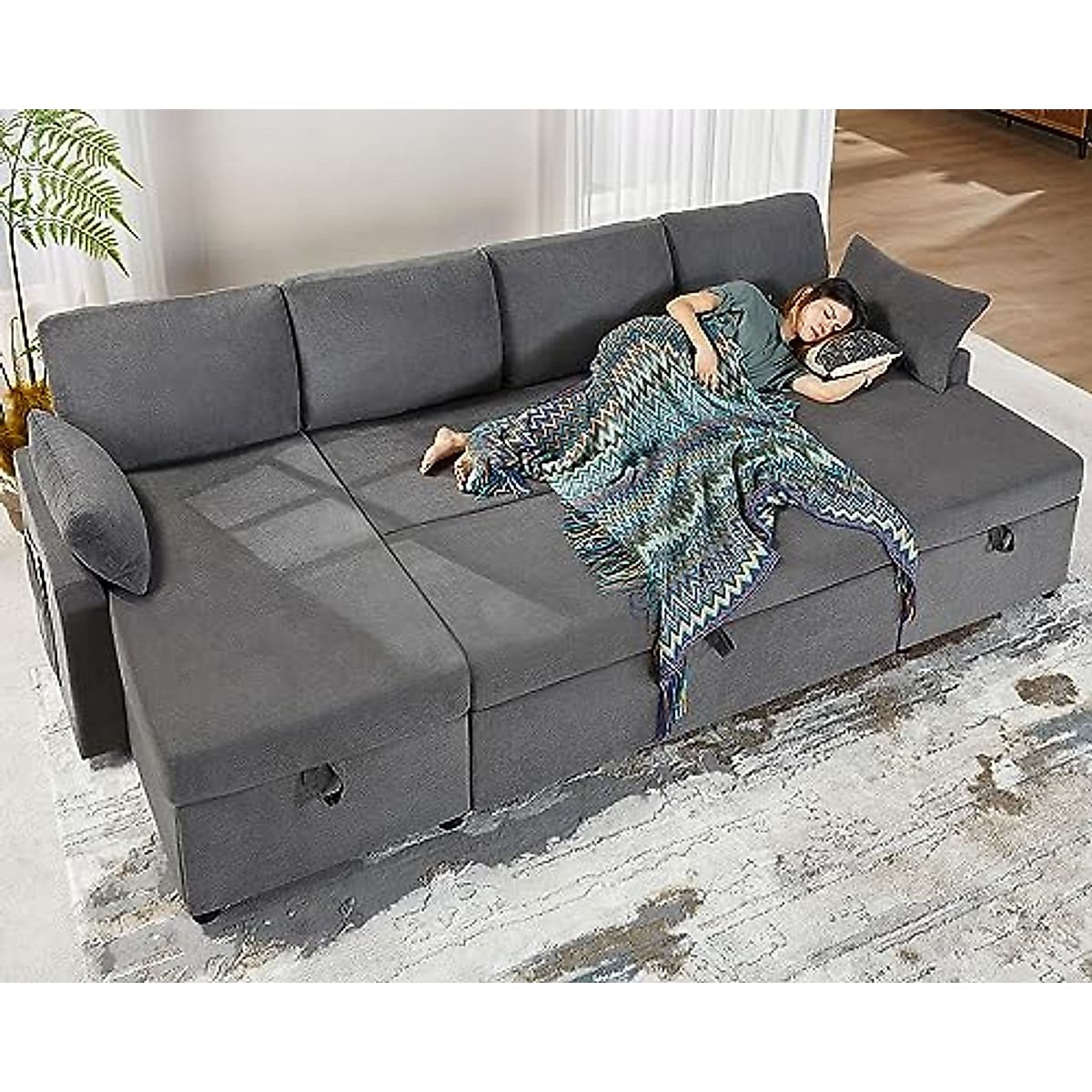 VanAcc Sleeper Sofa, 110 inch Oversize - 2 in 1 Pull Out Bed, Sectional Sleeper Sofa with Double Storage Chaise for Living Room, Grey Linen Couch