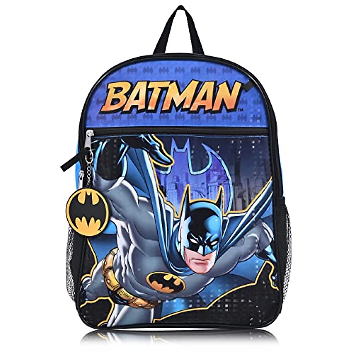 DC Comics BATMAN Boys Backpack for Little Kids | 6 Piece Set Kids Water Bottle Keychains Snack Tote and Knapsack for School (Batman 6Pc)