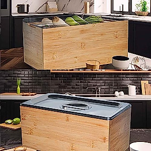 TOZSEN Kitchen Compost Bin Countertop - 1.6 Gal. Rust Proof Stainless Steel Insert, Countertop Compost Bin with Lid and Bamboo Wood Box- Large Compost Bin Kitchen
