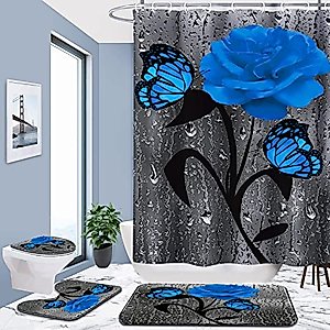 Poedist 4 Pcs Bathroom Shower Curtain Set,Blue Rose Shower Curtain Valentine's Day Shower Curtain Sets with Rugs(Bath Mat,U Shape and Toilet Lid Cover Mat) and 12 Hooks