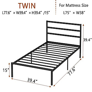Closadin Twin Size Platform Bed Frame with Headboard,Sturdy Heavy Duty Metal Slats Support for Mattress,No Box Spring Needed,Easy to Assemble,Black