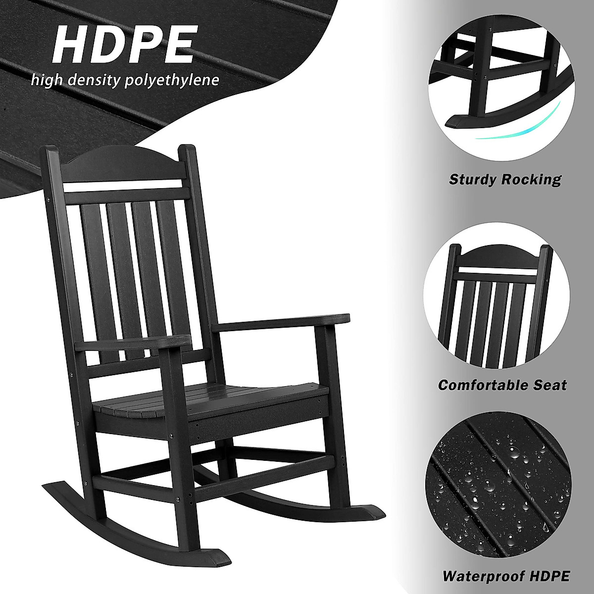 Betterhood Presidential Rocking Chair, High-Density polyethylene Outdoor Rocker Chair, Oversized Patio Chair for Garden Lawn with 400lbs Support, Black