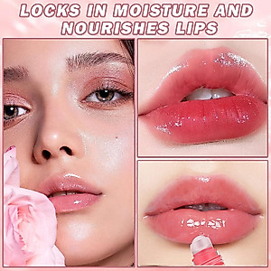 4Pcs Roll On Lip Oil Hydrating Lip Gloss Set, Lip Shine Fruit Lip Gloss, Transparent Plumping Lip Gloss Natural Shiny, Crystal Jelly Liquid Lipstick Long Lasting Lip Care Products for Women and Girl