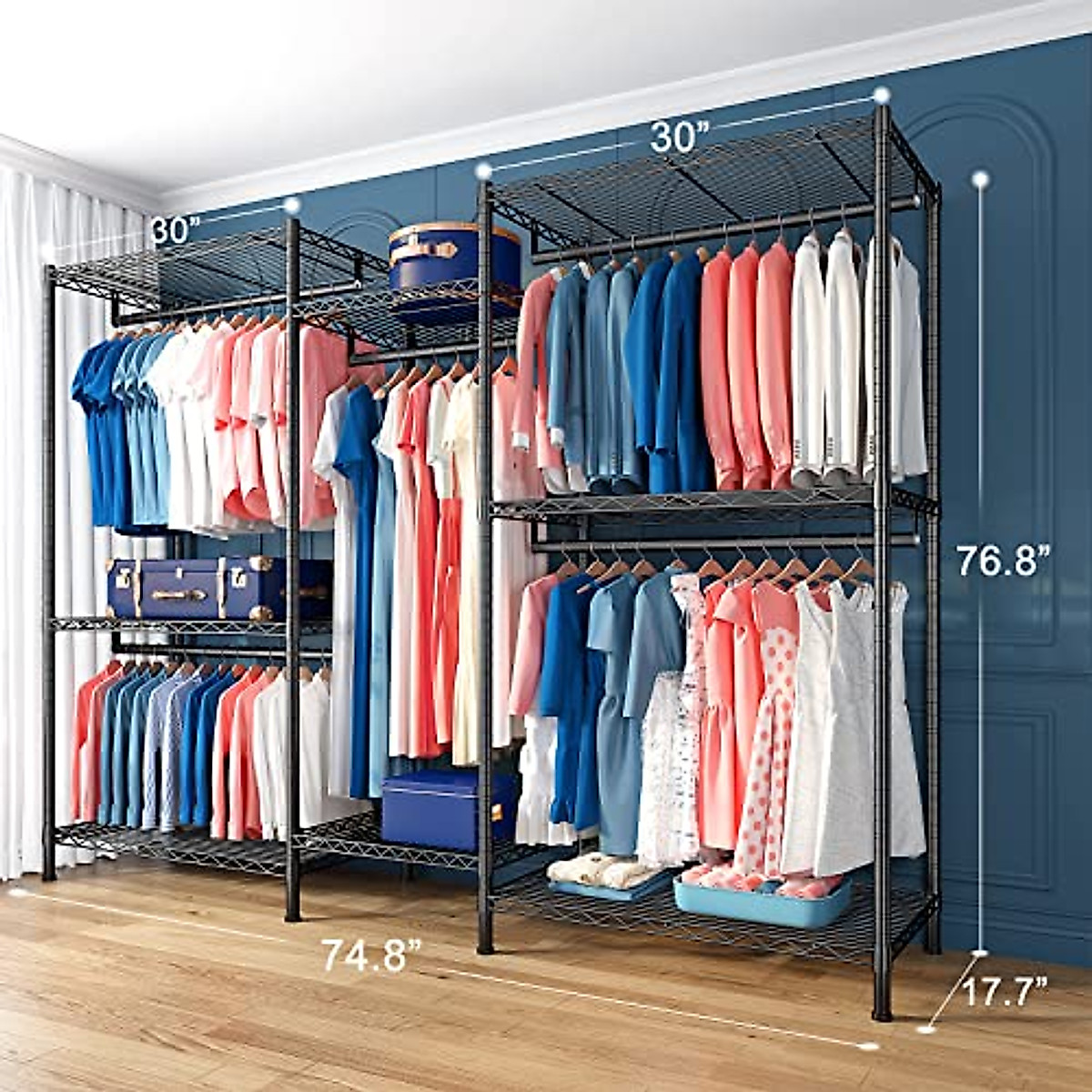 Raybee Clothes Rack, Heavy Duty Clothing Racks for Hanging Clothes 830 LBS Metal Clothes Racks for Hanging Clothes Wire Garment Rack Free Standing Closet Portable & Sturdy 74.8”Wx17.7”Dx76.8”H Black