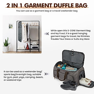 S-ZONE Carry On Garment Bag for Travel Convertible Garment Duffle Bag Suit Bags for Men Women Travel 2 in 1 Hanging Suitcase Business Travel Bag with Toiletry Bag, Gery, 50l