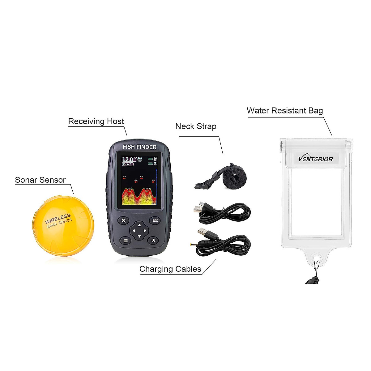 Venterior Portable Rechargeable Fish Finder Wireless Sonar Sensor Fishfinder with Water Resistant Bag Case