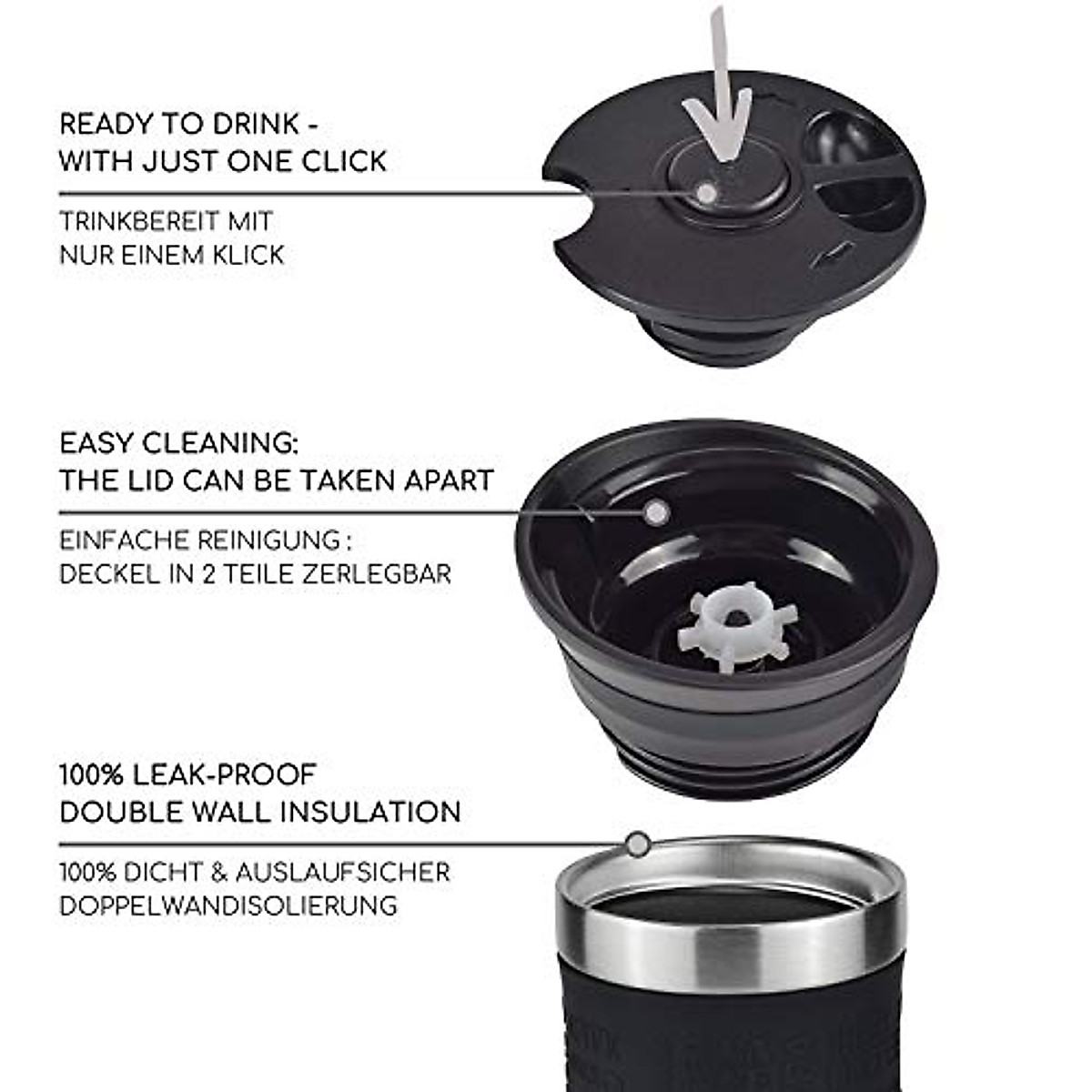 Milu Thermo Mug Insulated Cup Coffee & Tea Mug to go - 370ml, 450ml 100% leak proof - Stainless Steel Drinking Mug - vacuum insulation flask - Hot & Cold - Travel Mug (Black, 12oz (370ml))