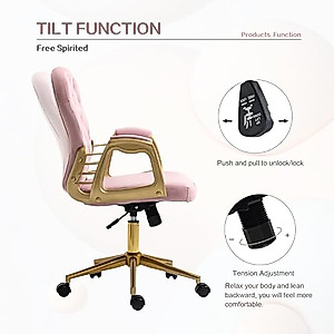 cayglow Velvet Home Office Desk Chair Comfy with Gold Legs and Arms, Comfortable Makeup Vanity Chair with Back and Wheels, Button Tufted Armchair Swivel Rolling Chair for Girls Women Bedroom,Pink