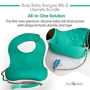 BUSY BABY Bungee Bib & Utensils Bundle | Silicone Bib for Babies & Toddlers with Tethers to Attach Utensils and Keep Them Off The Floor | Dishwasher Safe, BPA Free (Spearmint)
