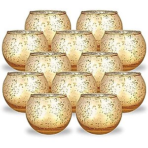Just Artifacts 2-Inch Round Speckled Mercury Glass Votive Candle Holders (Gold, Set of 12)