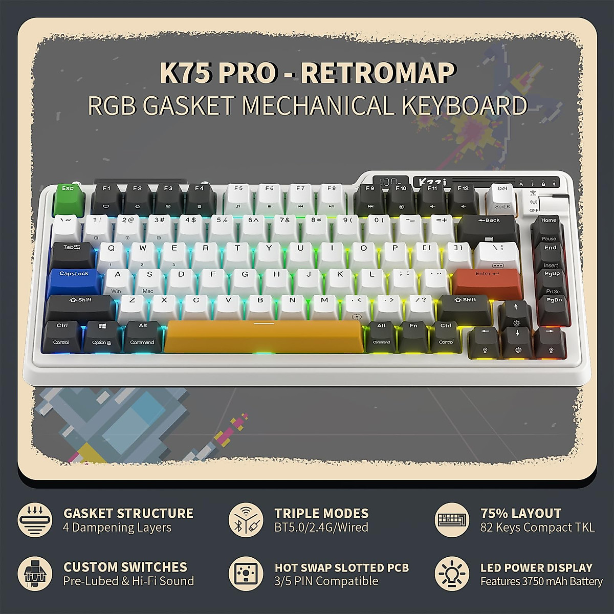 KZZI K75 PRO RGB 75% Wireless Gasket Mechanical Keyboard, Triple Mode BT 5.0/2.4G/USB-C 82 Keys Hot Swappable Gaming Keyboard w/Knob & Power Display, Custom Linear Switches, Black White