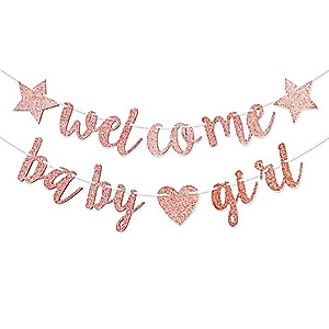 KUNGOON Welcome Baby Girl Party Banner,Rose Gold Glitter Paper Sign for Baby Shower,Baby Girl Party Decoration Gifts.