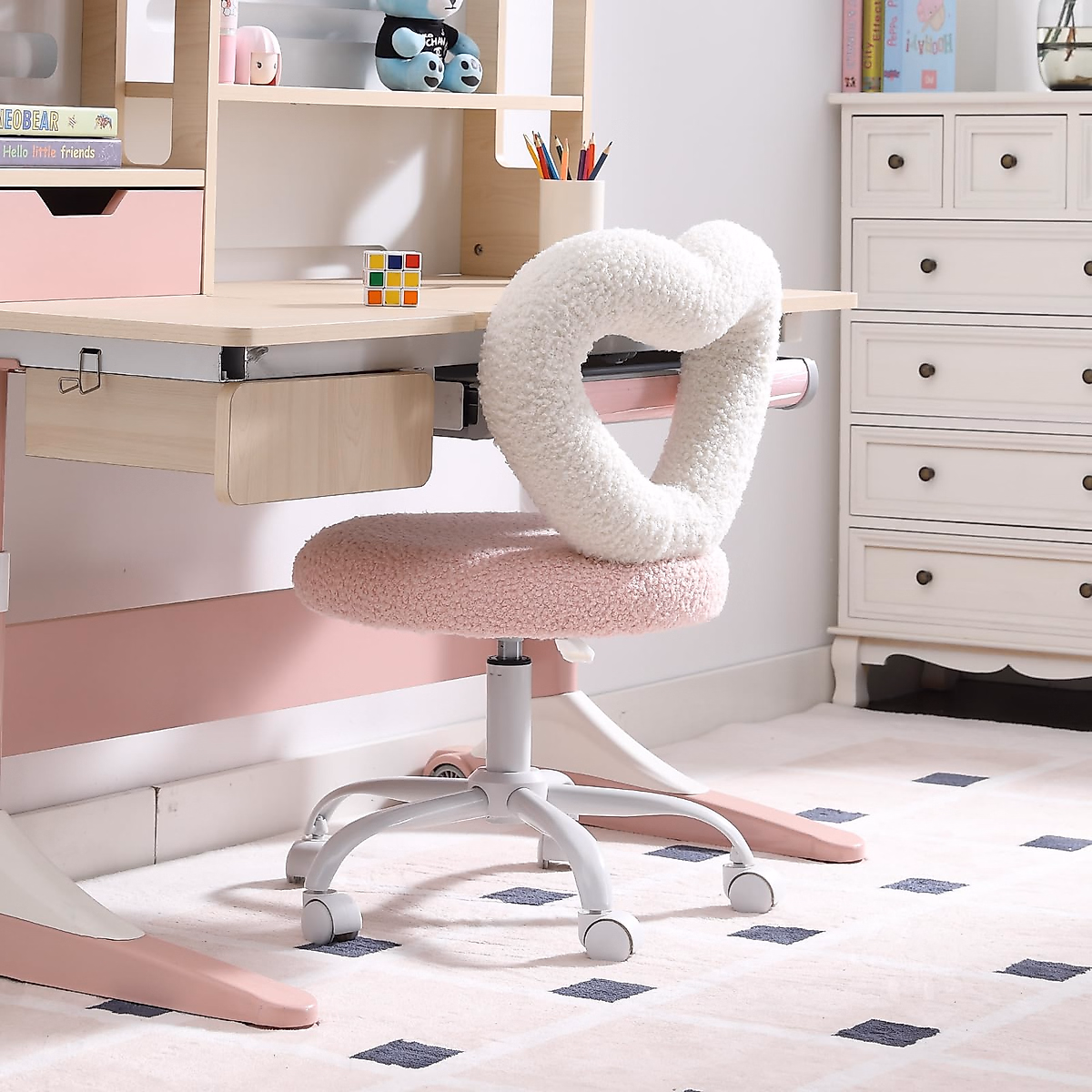 DUOMAY Faux Fur Kids Desk Chair, Heart Back Upholstered Computer Chair for Boys and Girls Cute Swivel Height Adjsutable Study Arm Chair for Child Home Bedroom, Pink & White