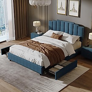Queen Size Linen Upholstered Platform Bed Frames with Adjustable Headboard, Rivets Design Platform Bed with 2 Storage Drawers, Noise-Free for Bedroom Small Living Space Boys Girls Adults Teems, Blue