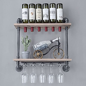 WGX Design For You Industrial Rustic Wall Mounted Wine Racks with Glass Holder Pipe Hanging Wine Rack,2-Tiers Wood Shelf Floating Shelves,Home Room Living Room Kitchen Decor Display Rack (24inch)