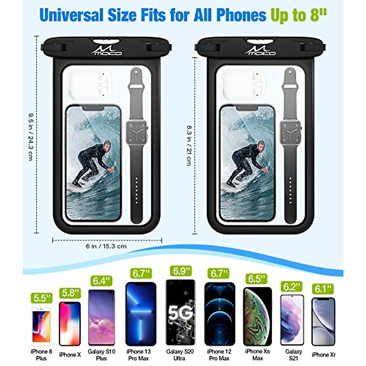 MoKo Large Waterproof Phone Pouch, 9.45 * 6.1 Inch Waterproof Phone Holder Dry Bag for iPhone 13/13 Pro Max/iPhone 12/12 Pro Max/11 Pro Max, X/Xr/Xs Max/SE 3, Black