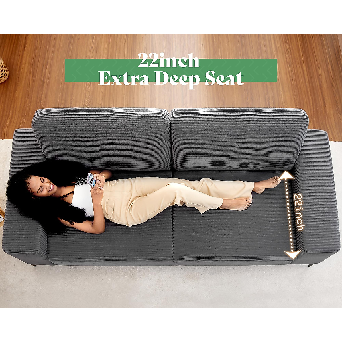 AMERLIFE Couch, 89 inch 3 Seater Sofa Couch- Cozy Couch with Extra Deep Seats, Modern Sofa Couch for Living Room, Grey Corduroy