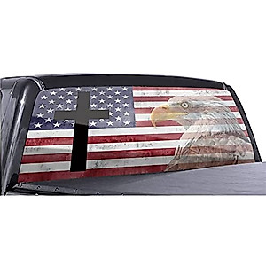 Patriotic Truck Back Window Graphics,Red White American Flag Decal Patriotic Truck Decals,Cross Universal See-Through Rear Window Vinyl Wrap,Christian Full Window Decals for Trucks Car SUV,66"x20"