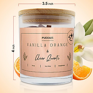 Vanilla and Orange Scented Soy Candle with Clear Quartz Crystals - Extra Large 12 oz, Long-Lasting, Wooden Wick, Calming, Relaxing Crackle by Puddles