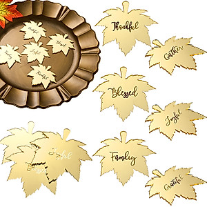 12 Pieces Thanksgiving Table Place Acrylic Fall Plates Grateful Thankful Blessed Place Card Thanksgiving Table Decor Laser Cut Sign Table Settings for Dining Table Decor (Gold, Maple Leaf Style)