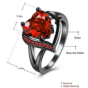 XIALV Women's Simulation Ruby Heart-Shaped Black Gold Promise Jewellery Band Red Cubic Zirconia Wedding Ring Size 6-10 (US size 10)