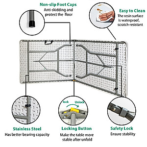 JingPieCle 6 Foot Folding Table 6ft Portable Plastic Picnic Table with Handle, Fold in Half Heavy Duty Utility Foldable Table, Indoor Outdoor 6' Folding Card Tables for Party, Dining