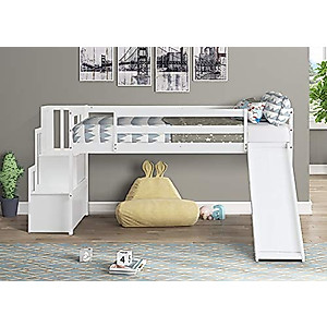 ERYE Twin Size Loft Bed with Slide and Storage Staircase, Wooden Bedframe Bedroom Furniture w/Full-Length Safety Guardrails & Shelves for Kids, Teens, Girls, Boys