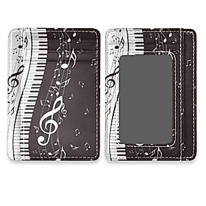 Linomo Thin leather Card Holder and Money Clip Music Note Musical Piano Wallet RFID Blocking for Men & Women