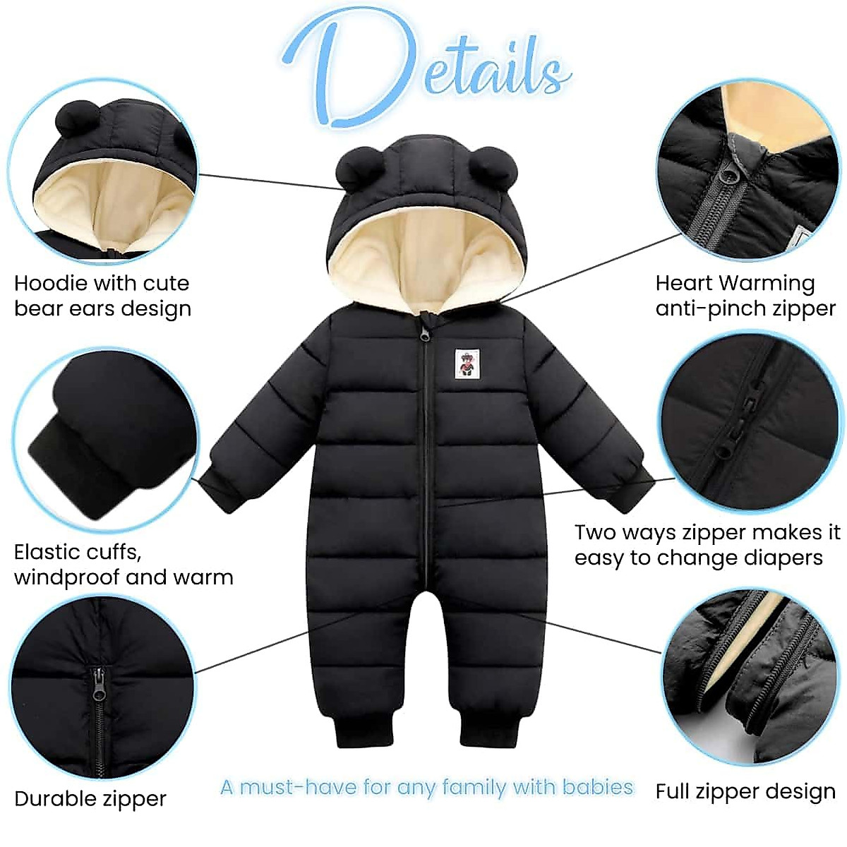 Ohrwurm Hooded Puffer Jumpsuit for Baby Boys Girls Long Sleeve Winter Romper Warm Snowsuit Coat Down Jacket 0-6 Months Black