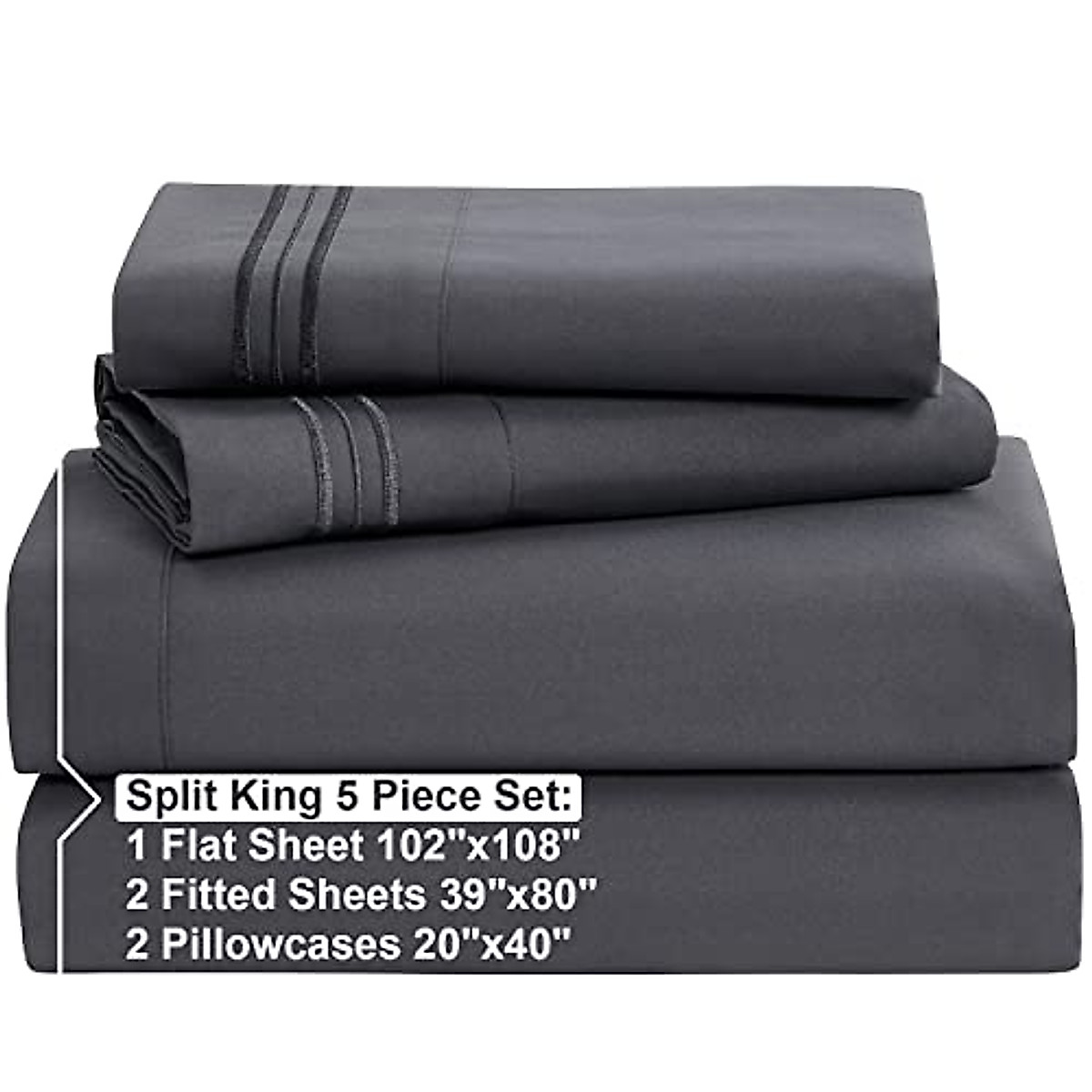 Nestl Split King Sheets for Adjustable Beds - 5 Piece Split King Sheets Set, Deep Pocket, Hotel Luxury, Extra Soft, Breathable and Cooling, Grey Split King Bed Sheets