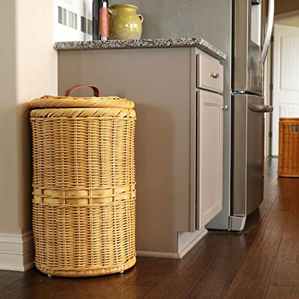The Basket Lady Tall Wicker Trash Basket with Metal Liner, 15.5 in Dia x 25.5 in H, Sandstone
