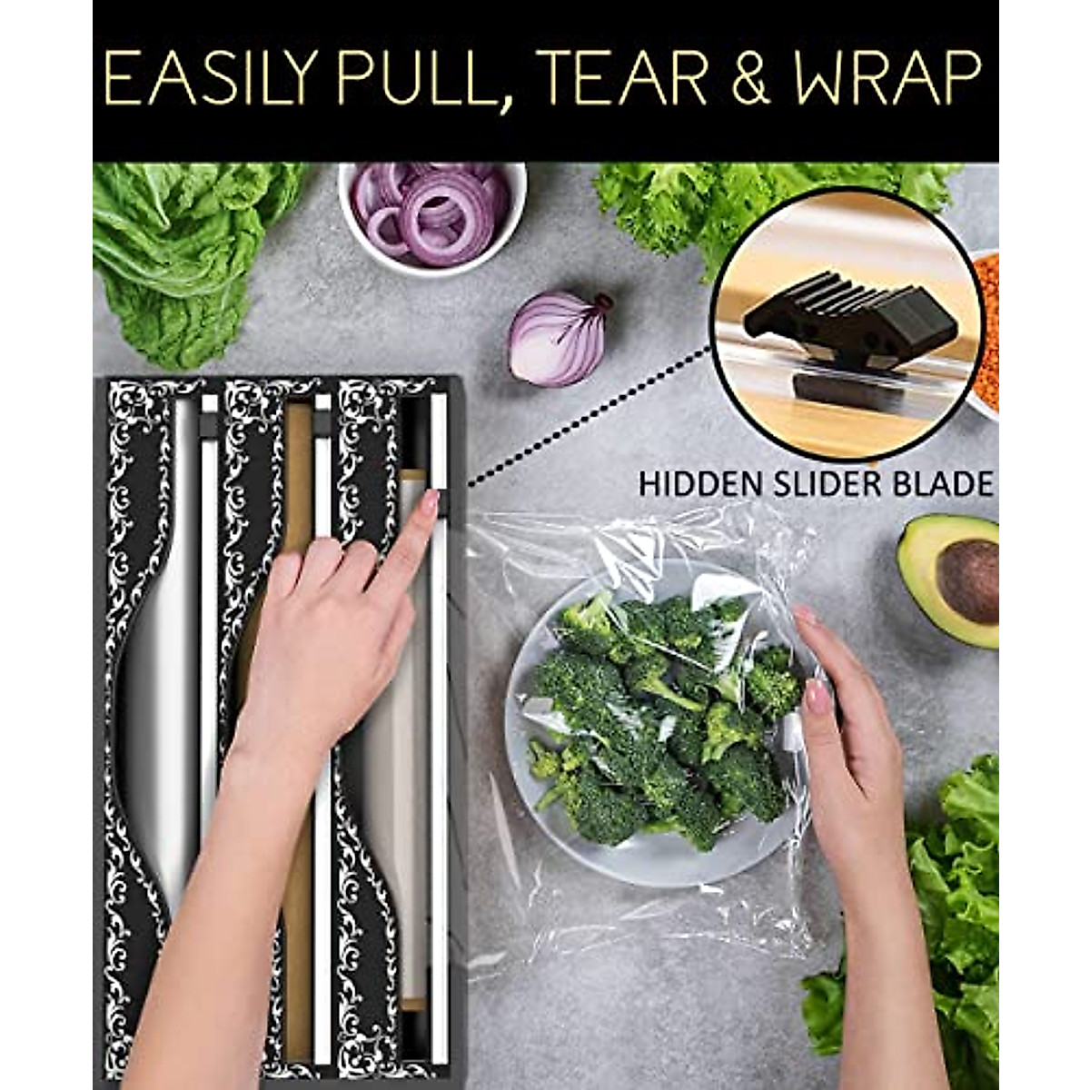 Extra Long Foil and Plastic Wrap Organizer for 15" Rolls, 3 in 1 Plastic Wrap Dispenser with Cutter, Aluminum Foil Organization And Storage, Parchment, Wax Paper Dispenser for Drawer