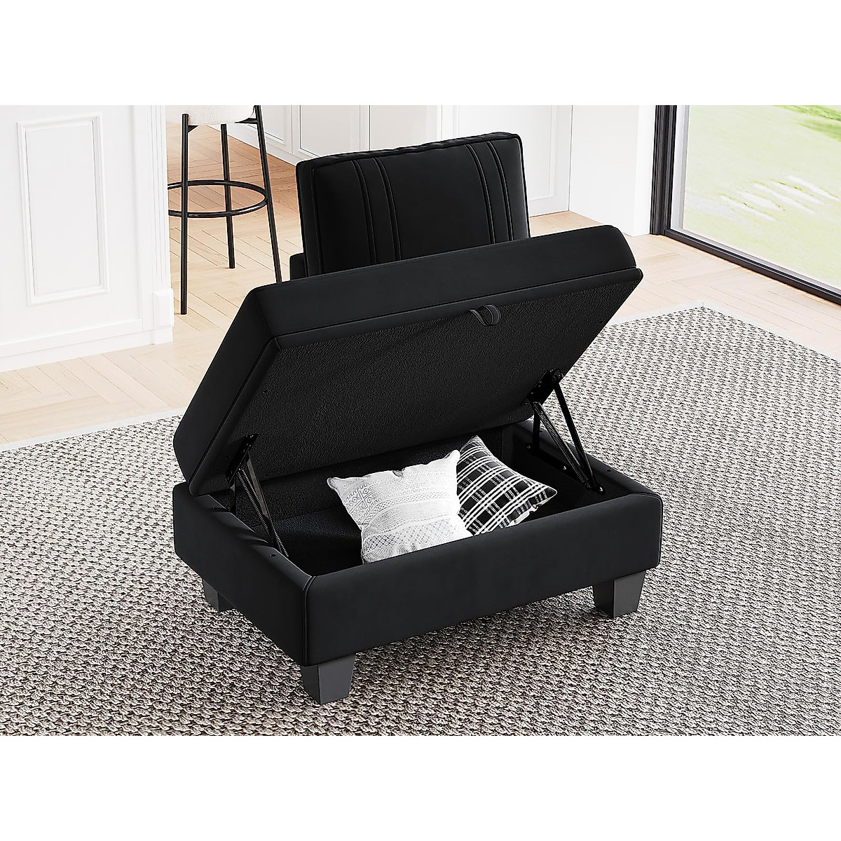 Belffin Velvet Convertible Storage Chaise Ottoman with Back Side for Velvet Sectional Sofa Black