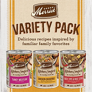 Merrick Kitchen Comforts Wet Dog Food Gravy, Variety Pack Real Meat and Brown Rice Dog Food with Grains - (Pack of 1) 9.5 lb. Cans