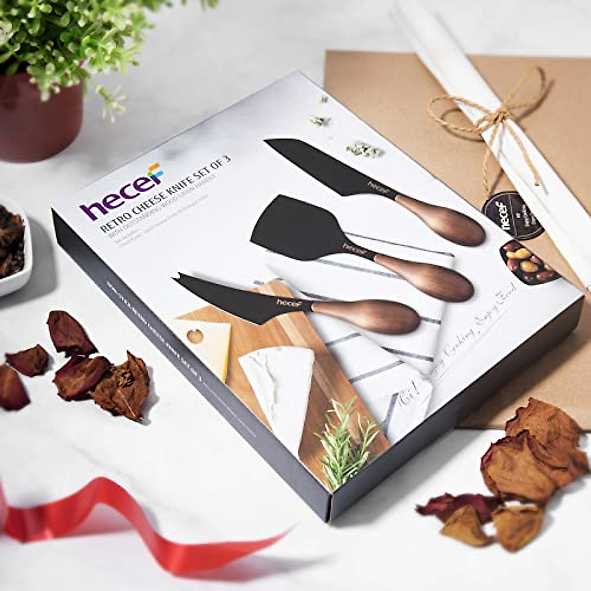 hecef Cheese Knife Set of 3, Bronze Grain Multipurpose Cheese Knife, Retro Cheese Knife, Set Includes Pronged Knife, Hard Cheese Knife & Chisel Knife, Black, Excellent Gift, with Gift Box