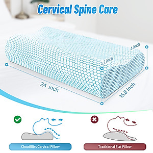 CloudBliss Neck Pillow for Sleeping, Ergonomic Cervical Neck Pillow for Neck Pain Relief, Memory Foam Pillow fit Neck Contour, Bed Pillow for Side Back Stomach Sleepers (Blue, Standard Size)
