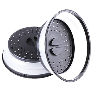 2-Pack Upgraded Microwave Splatter Cover, 10.5 inch Vented Collapsible Microwave Cover for Food, Microwave Plate Cover, Fruit and Vegetable Dish Drainer Basket, BPA-Free, Easy to Grip (Black)