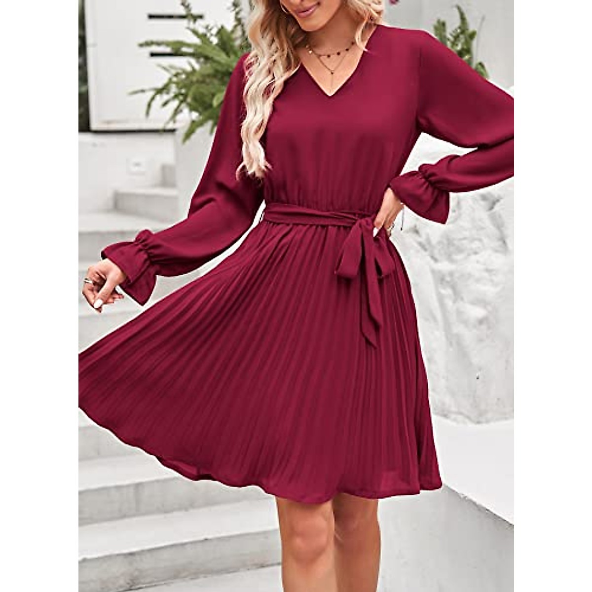PRETTYGARDEN Women's Casual Spring Fall Dresses Long Puff Sleeve V Neck Pleated Ruffle Flowy Belted Dress (Wine Red,Large)