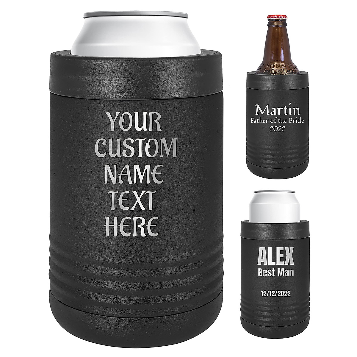 Personalized Stainless Steel Engraved Insulated Beverage Holder Customized Can Cooler with Custom Name Text – Wedding, Birthday, Corporate Gift (Black, Standard)