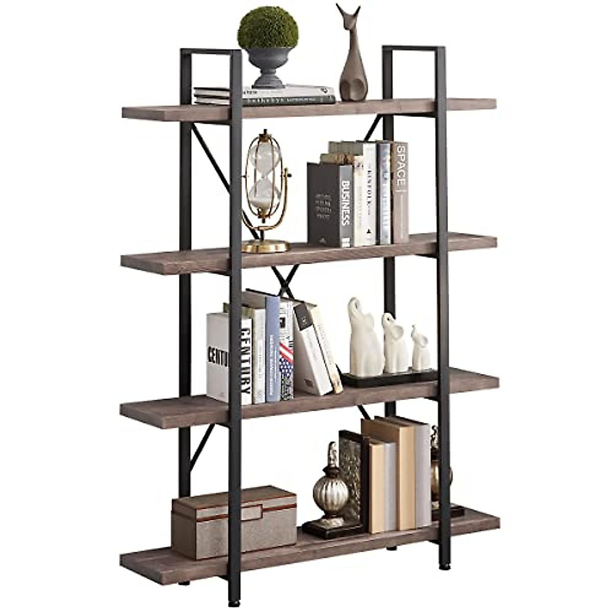 IBF Solid Wood Bookshelf, 4 Tier Natural Real Wood Bookcase, Modern Rustic Industrial Open Book Shelf, Tall Farmhouse Wooden Etagere Bookcase for Office Living Room Bedroom, Distressed Grey and Black